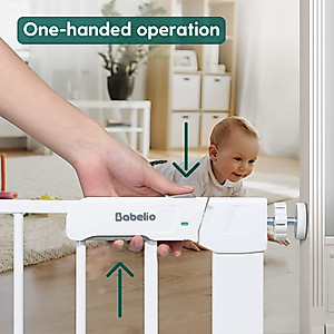BABELIO 26-32 Inch Easy Install Narrow Pressure Mounted Metal Baby Gate, No Drilling, No Tools Required, with Wall Protectors and Extenders (White)