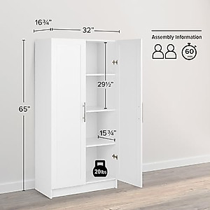 Prepac Elite Storage Accent Cabinet with Panel Doors, White Storage Cabinet, Bathroom Cabinet, Pantry Cabinet with 3 Shelves 16.75" D x 32" W x 65" H