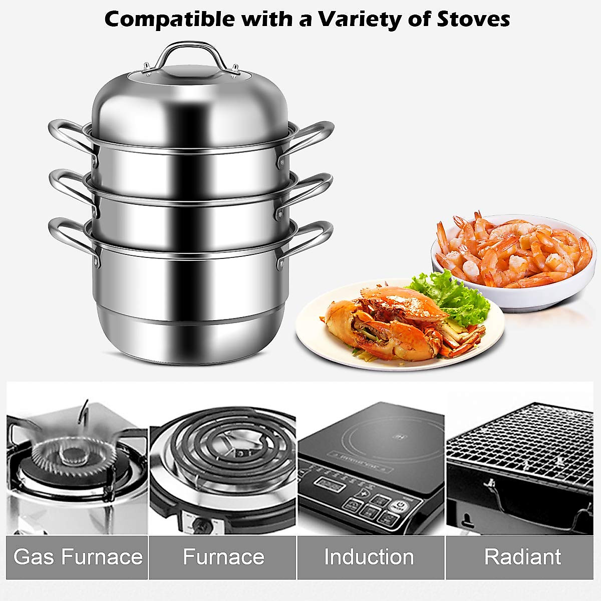 COSTWAY 4-Tier Steamer for Cooking, 11 Inch Stainless Steel Steamer Pot with Tempered Glass Lid, Handles on Both Sides, Includes 2 Steaming Septa, Dishwasher Safe, Ideal for Vegetable, Food, Kitchen