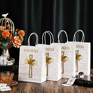 PerKoop 36 Pack First Communion Gift Bags for Boys and Girls Small Religious Party Favor Bags Paper Baptism Candy Bags for Baby Shower Christenings Weddings Confirmations, 8.66 x 6.3 x 3.15 Inch