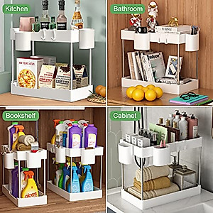 2 Pack Under Sink Organizer- Stackable 2 Tier Bathroom Storage Organizers and Storage with Hanging Cup and Hooks, White Under Sink Shelf Rack for Bathroom Kitchen Countertop Office Cabinets,White