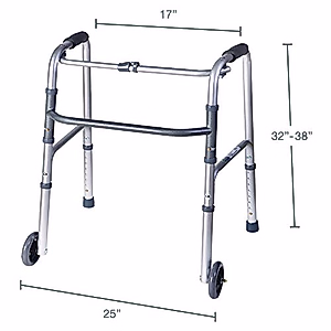 DMI Lightweight Aluminum Folding Walker with Single Release, 5 Inch Wheels, Adjustable Height, No Assembly Needed, Silver, 250 lb Weight Capacity