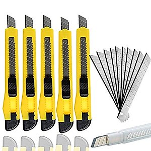WEKOIL Art Craft Utility Knife Pack 5 Snap off 9mm Cutter with 10 Extra Carbon Steel Blades, Yellow
