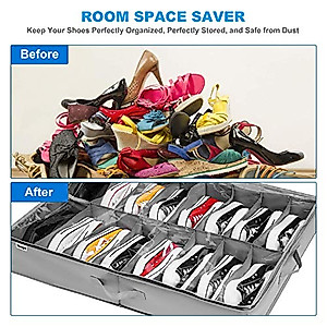 INAYA Under Bed Shoe Storage Organizer Set of 2, Fits 32 Pairs, Underbed Shoe Box Storage Containers Adjustable Dividers w/Bottom Support Velcro, Clear Foldable Shoes Storage w/Reinforced Handles