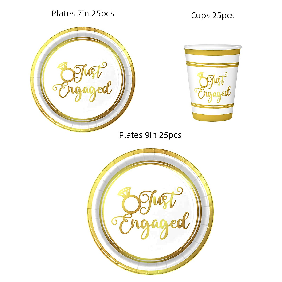Engagement Party Decorations Set Serve 25,Just Engaged Plates and Cups Decorations,We’re Engaged Decorations,Happy Engagement Party Decorations,DZ Bridal Shower Wedding Party Decorations(Gold Foil)