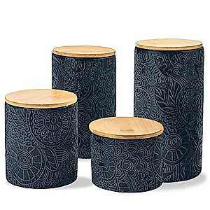 American Atelier Embossed Canister 4-Piece Ceramic Set Jar Container with Wooden Lids for Cookies, Candy, Coffee, Flour, Sugar, Rice, Pasta, Cereal & More