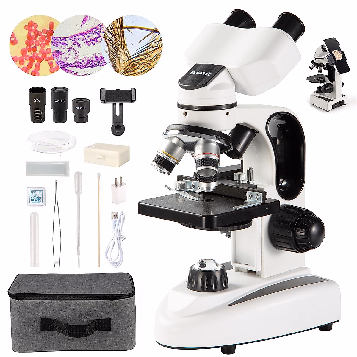 Sedumic Compound Binocular Microscope 40X-2000X LED Lighting for Kids Students Adults School Laboratory Home Education with Microscope Slides Set Phone Adapter Spiral Moving Scale