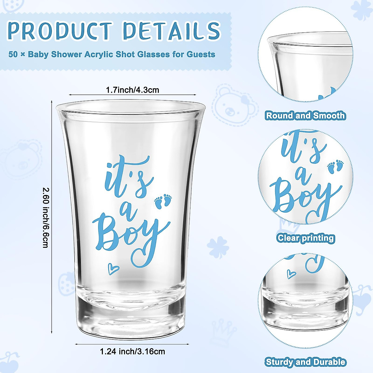 Pickmesh 50 Sets Baby Shower Favors Baby Boy Girl Theme Party Gift Include Short Glasses Acrylic Clear Shot Glasses Thank You Tag Organza Bag Twine Baby Shower Tea Party Favor for Gender Reveal (Boy)