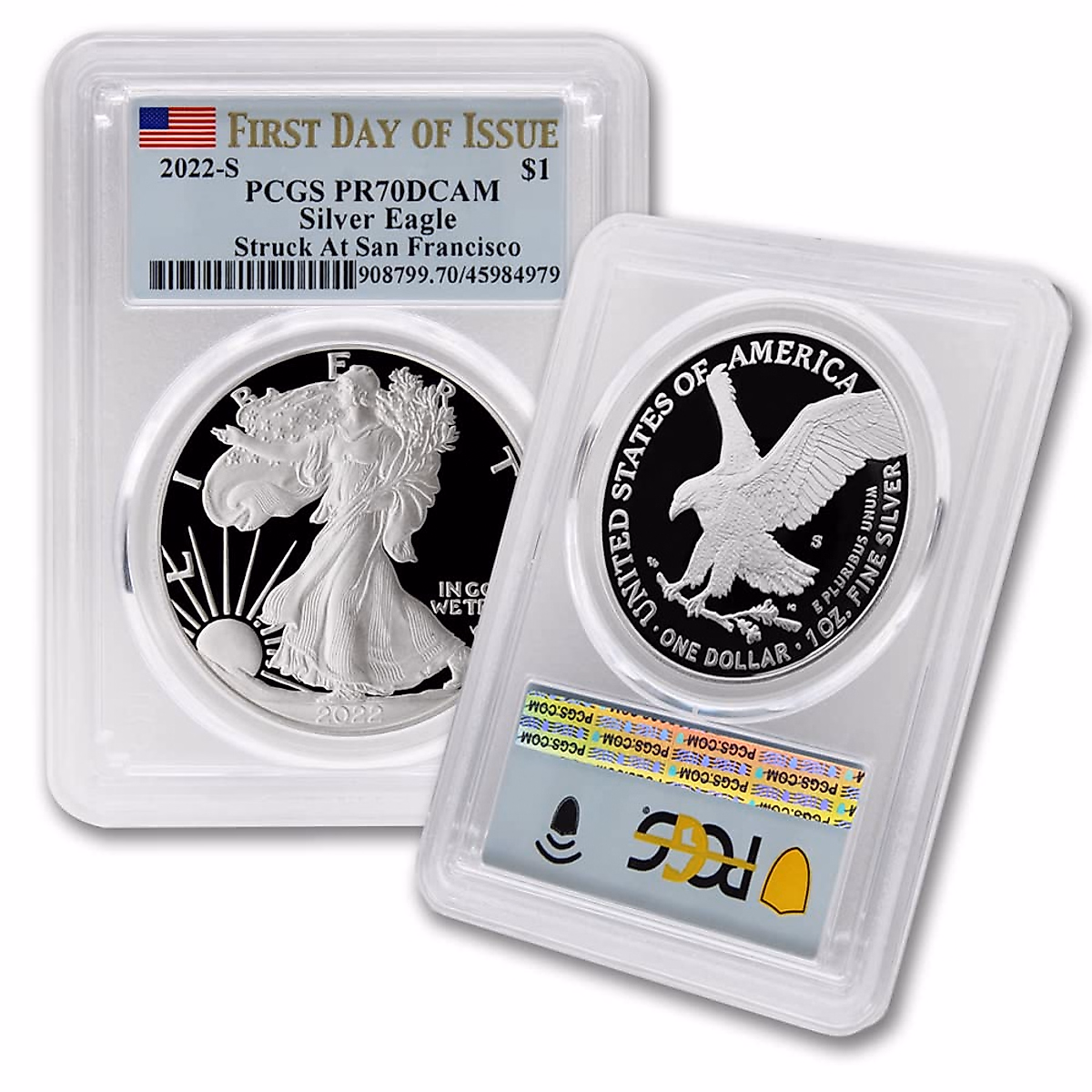 2022 S 1 oz Proof American Silver Eagle Coin PR-70 Deep Cameo (First Day of Issue - Struck at San Francisco - Flag Label) $1 PCGS PR70DCAM