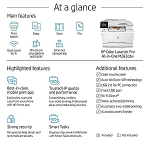 HP Color Laserjet Pro M283cdw AIO - Scan Copy Fax -Wireless Laser Printer, Touchscreen, Up to 600 x 600 dpi, 50-Sheet ADF, 22 ppm, Duplex Printing, White, with Printer Cable