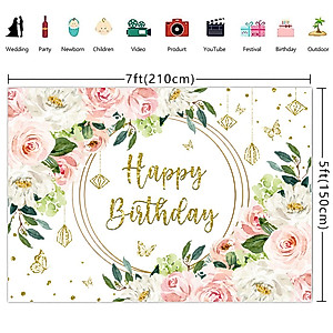 Wollmix Happy Birthday Banner Backdrop Decorations 7x5ft Party Sweet 16 Girls Women Pink Florals Butterfly Gold Dots Photography Background Supplies Photo Booth Studio Cake Table
