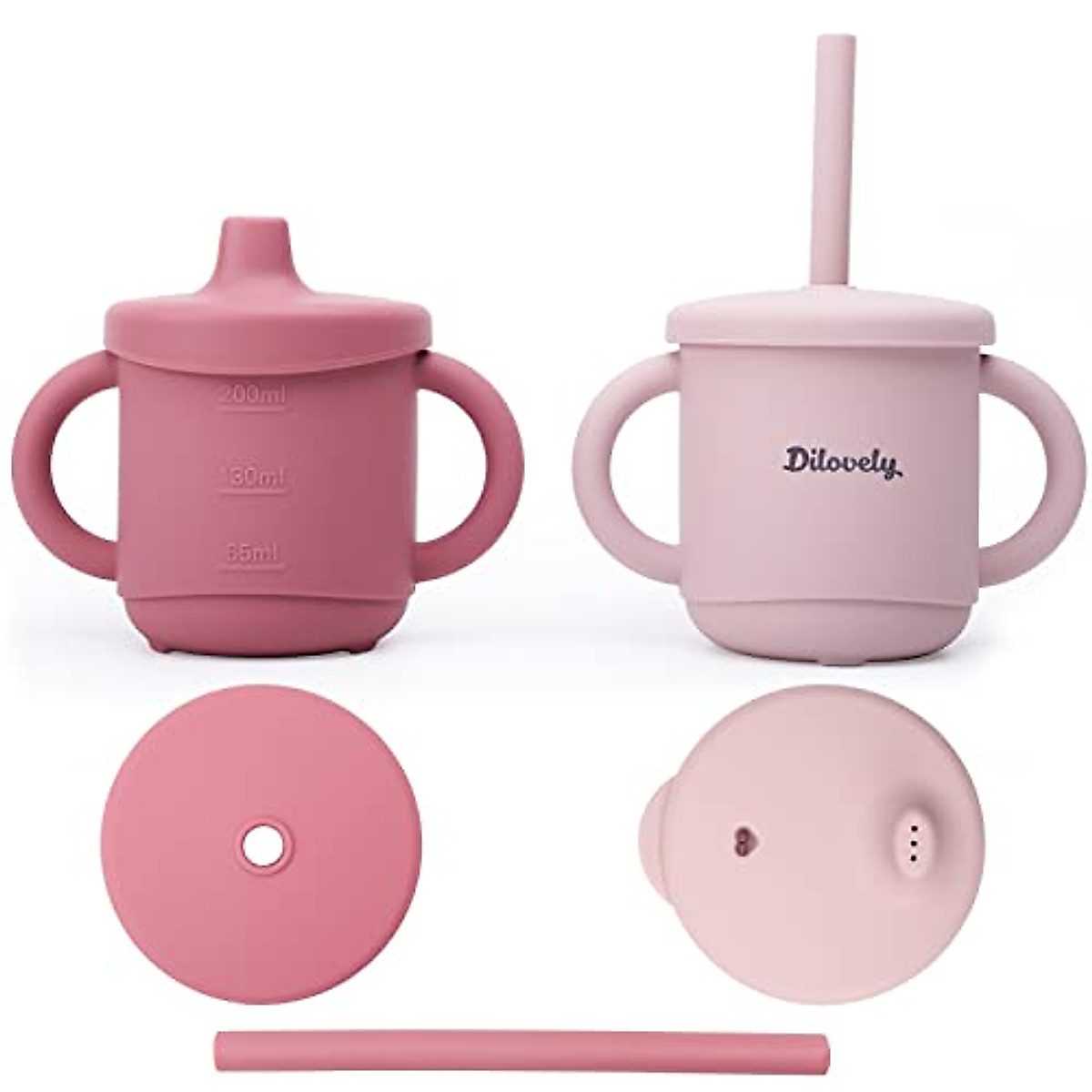 Dilovely Silicone Sippy Cup for Toddler, Transition Straw Cups for baby 12 months +, 3 in 1 Training Sippy Cups for Babies with Two Handles, 2 Pack Dishwasher & Microwave Safe, BPA Free 7oz Pink