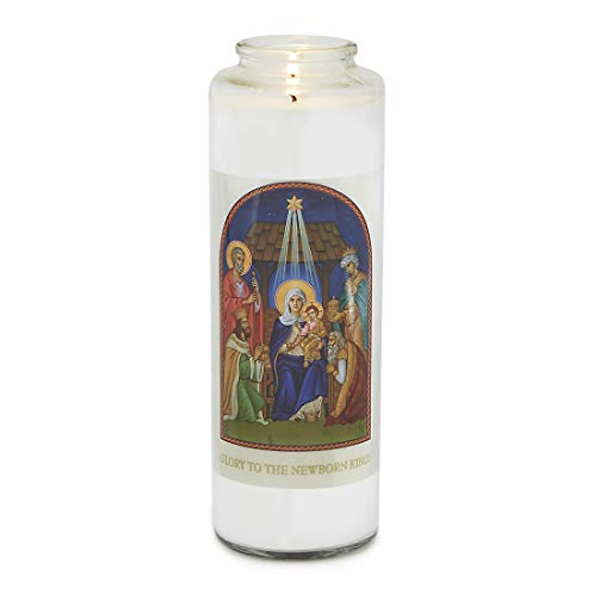 Root Candles 7-Day Clear Glass Devotional Prayer Candle, Glory to The Newborn King