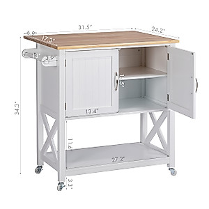 Spirich Kitchen Island on Wheels, Rolling Kitchen Cart with Storage Cabinet, Small Kitchen Island with Drop Leaf and Towel Rack for Dining Room, White