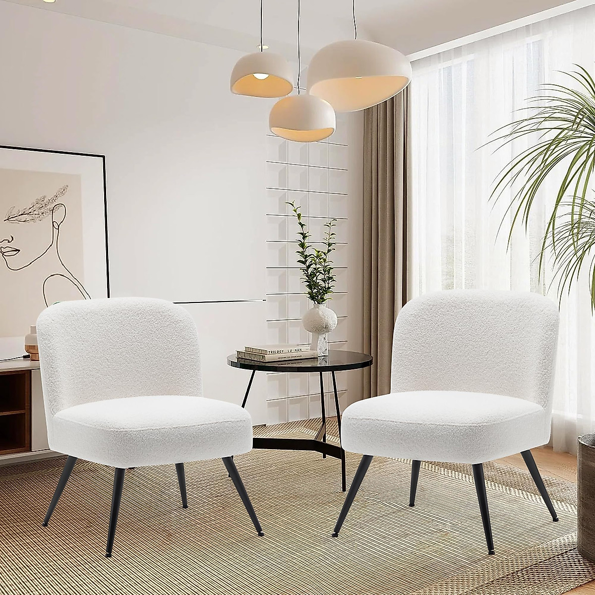 Aklaus Sherpa Boucle Accent Chairs Set of 2 for Living Room Bedroom.Upholstered Reading Chair Teddy White Modern Armless Chair with Larger Seat Comfy Side Chairs for Office Waiting Room