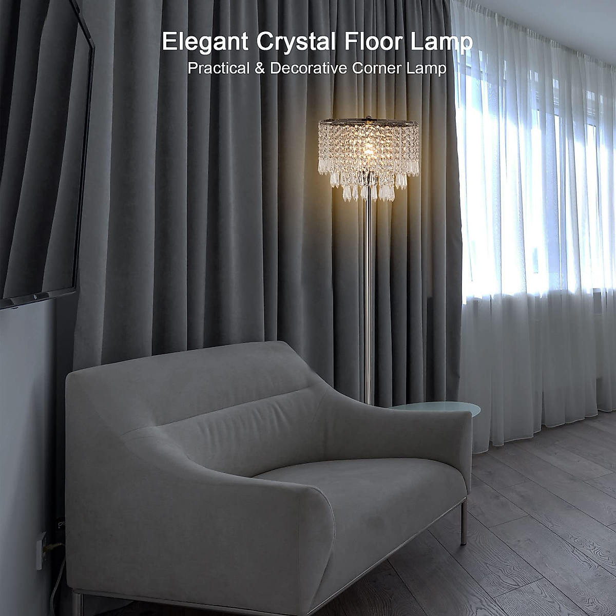 Crystal Floor Lamp, Triper-Layer Lampshade Crystal Floor Lamp for Bedroom Living Room, Modern Floor Lights with Foot Switch for Office, 66.92" Tall Pole Lamp, Elegant Chrome Finish, Bulb NOT Included