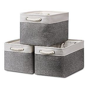 HNZIGE Large Storage Baskets for Shelves(3 Pack) Fabric Storage Baskets, Empty Gift Baskets with Rope Handles, Decorative Foldable Storage Baskets for Organizing Home(White&Gray,15" x 11" x 9.5")