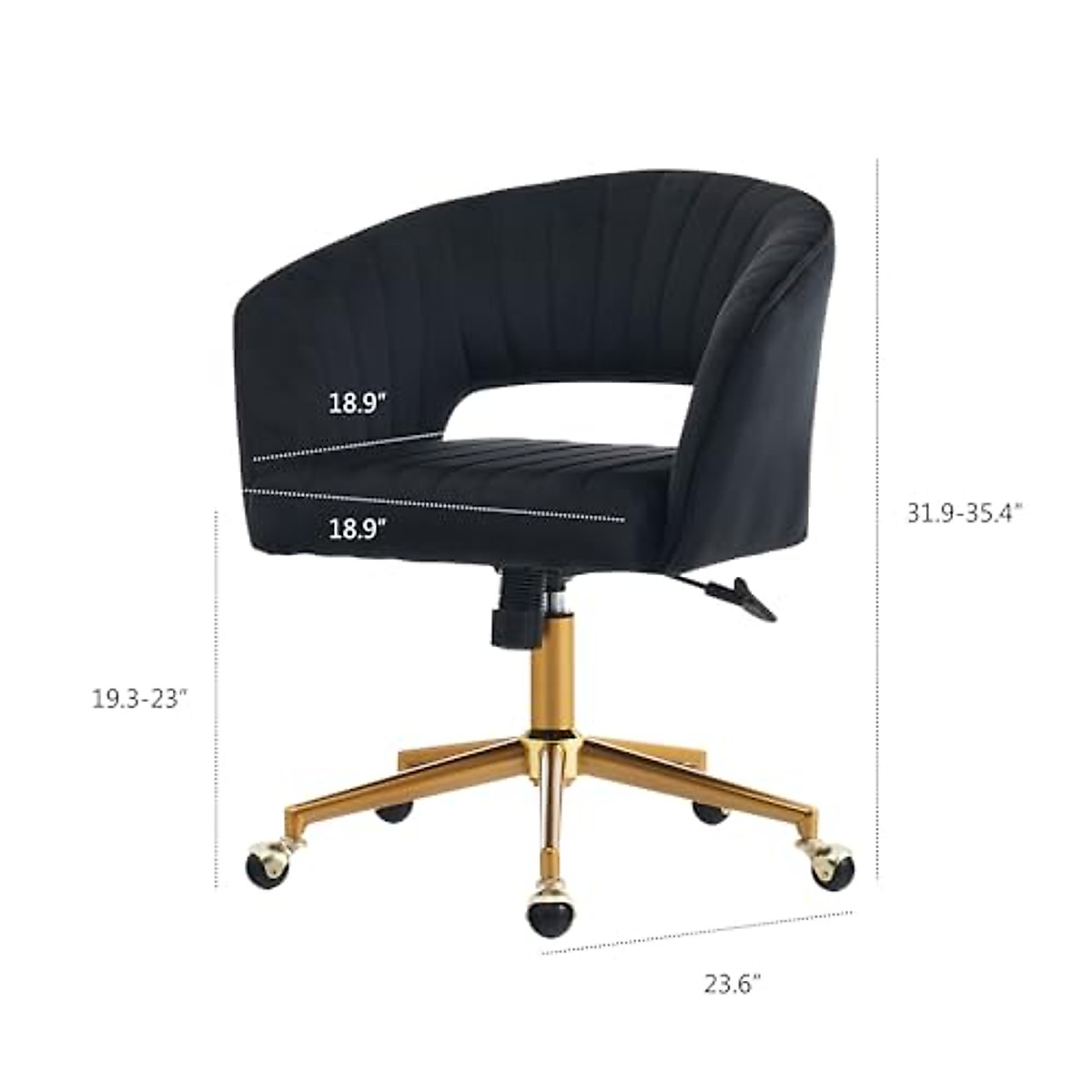 Kiztir Velvet Home Office Chair, Modern Swivel Desk Chair with Gold Base, Round Solid Wheel, Adjustable Vanity Chair for Study, Living Room, Bedroom (Black)