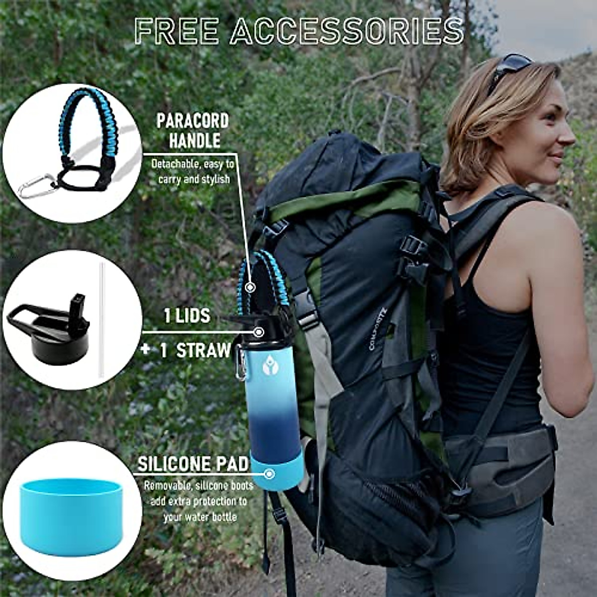 XccMe Insulated Water Bottle,22 oz Water Bottles,2Pack Stainless Steel Water Bottles,Double Wall Metal Water Bottle with Straw,Silicone Boot and Paracord Handle,Sports Water Bottle(WaveSunset)