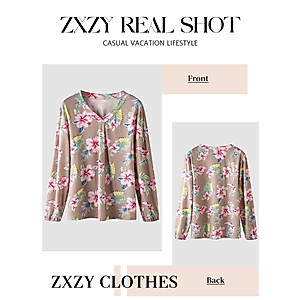ZXZY Womens Hawaiian Shirt Vintage Leaf Floral Printed Tropical Tops V Neck Puff Long Sleeves Shirts Coffee