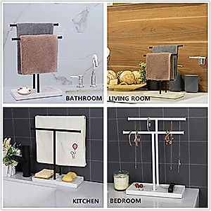 LKKL Hand Towel Holder - Double T Hand Towel Holder for Bathroom - Countertop Towel Stand Free Standing Towel Rack Bathroom Towel Hanging Rack with Resin Tray Base(Black/White)