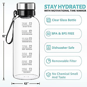RNCKUUE 64 OZ Glass Water Bottle - Large Resuable Borosilicate Wide Mouth Glass Drinking Bottles With Time Mark, Sleeve, BPA Free