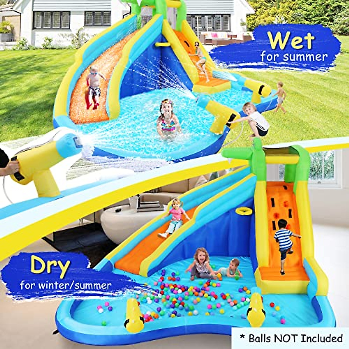 DREAMVAN Inflatable Water Slide Park, Kids Bounce House with Slides, Climbing Wall, Splash Pool, Cannon, Basketball Hoop Jumping Castle w/Air Blower, Hose, Carry Bag, Repairing Kit, Stakes