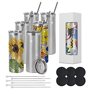 BetterSub 6 Pcs 20oz Sublimation Blanks Tumblers Glitter Silver Skinny Straight, Double Wall Insulated Stainless Steel Sublimation Cups with Lid, Metal Straw, Brush, Display Box