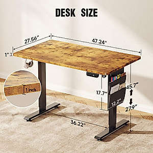 Veken Wider 47.2x27.6 Inch Whole Piece 1-Inch Thick Standing Desk with Side Storage Pocket, Electric Adjustable Height Rising Table, Ergonomic Office Computer Desks for Workstation,Study,Gaming,Brown