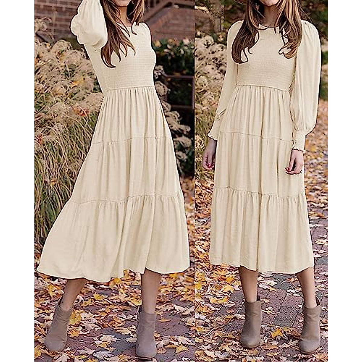 ZESICA Women's 2023 Casual Long Sleeve Crew Neck High Waist Smocked Flowy Tiered Midi Dress,Beige,Medium