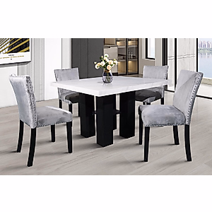 GTU Furniture 5Pc Dinning Square Table with Faux Marble Top and 4 Upholstered Grey Chairs Dining Room Set