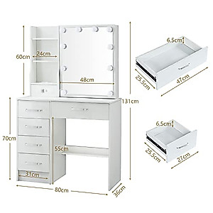 White Makeup Vanity Set with Sliding Lighted Mirror,Dressing Table with 5 Storage Drawers Shelves, Dresser Desk & Cushioned Stool Set for Bedroom