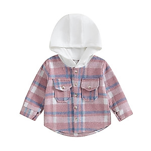 Amiblvowa Toddler Baby Boy Girl Fall Winter Clothes Flannel Hooded Plaid Shirt Jacket Button Down Shacket 6 12 18 Months 2T 3T 4T (Pink Purple, 18-24 Months)