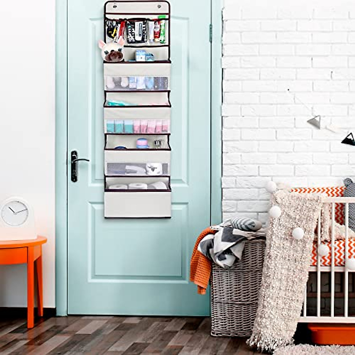 NesTidy Over The Door Organizer Storage, Wall Mount Hanging Organizer with 4 Large Capacity Pocket Organizers and 3 Small Pockets for Baby Essentials, Toys, Cosmetics, and Sundries (Beige, 1 Pack)
