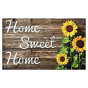 Sunflower Welcome Doormat Summer Door Mat, 17 X 29 Inch Wood Background Flower Spring Summer Decorative Home Sweet Home Entrance Mat Non-Slip Backing Floor Mat for Kitchen Bathroom