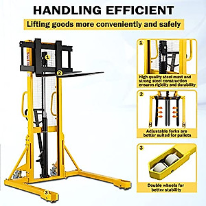 Xilin Manual Pallet Stacker 2200lbs Capacity 63" Lift Height with Straddle Legs Adjustable Forks