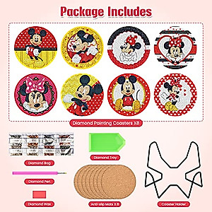 CEOVR 8 Pcs DIY Diamond Painting Coasters for Drinks with Holder, Cute Cartoon Mouse Diamond Art Coasters Set Housewarming Gift for Friends Men Women Birthday Home Living Room Kitchen Bar Decorations