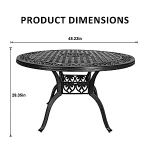PATIO-IN 48.23" Patio Dinning Table, All-Weather Cast Aluminum Table with 2.36" Umbrella Hole, Patio Furniture Table, Outdoor Dining Table for Backyard and Poolside