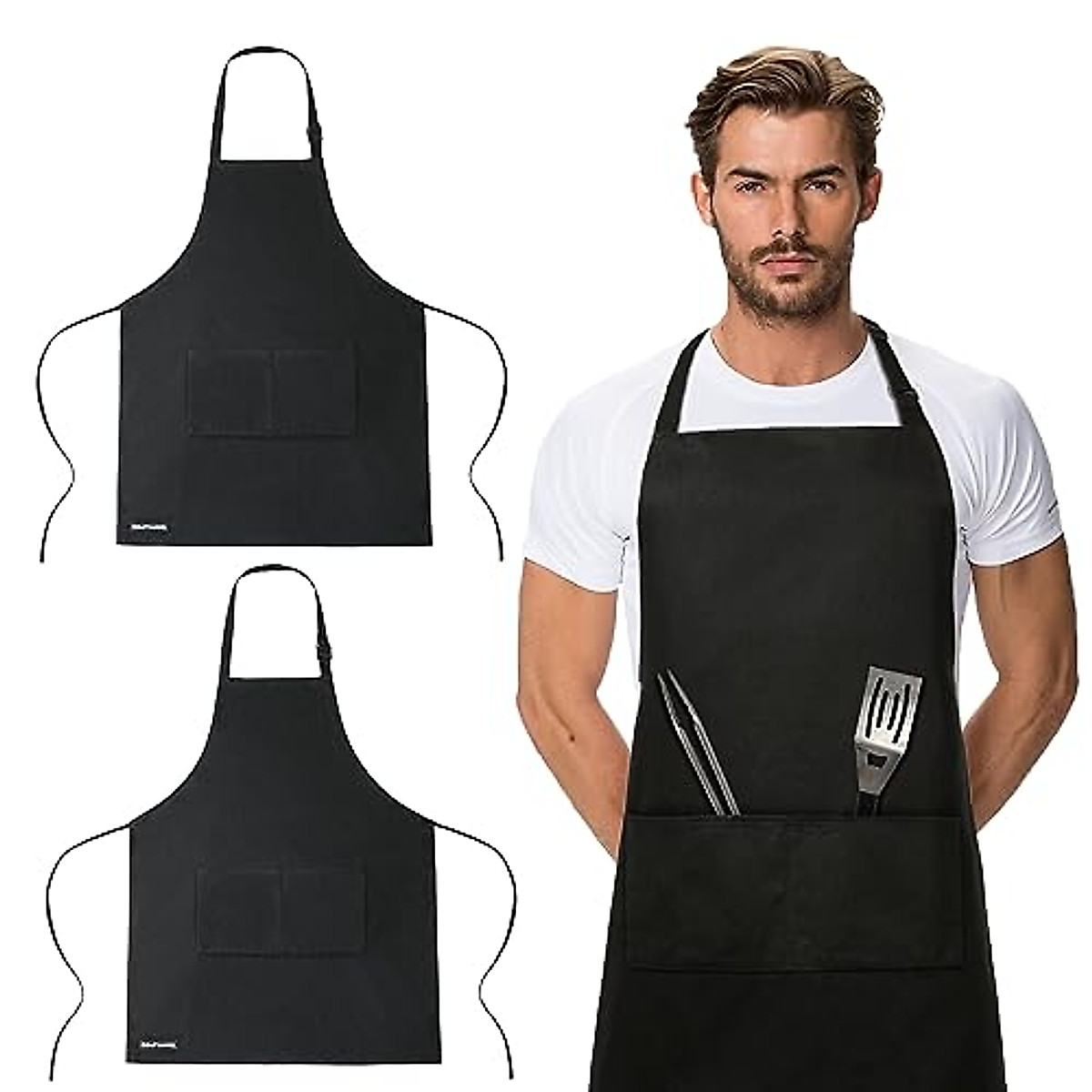 Comfyanno Aprons for men, 2 Pack 100% Cotton Mens Apron, Black Chef Kitchen Cooking Apron, Men Grilling BBQ Apron with 2 Pockets, Waterproof Man Apron for Gardening, Baking