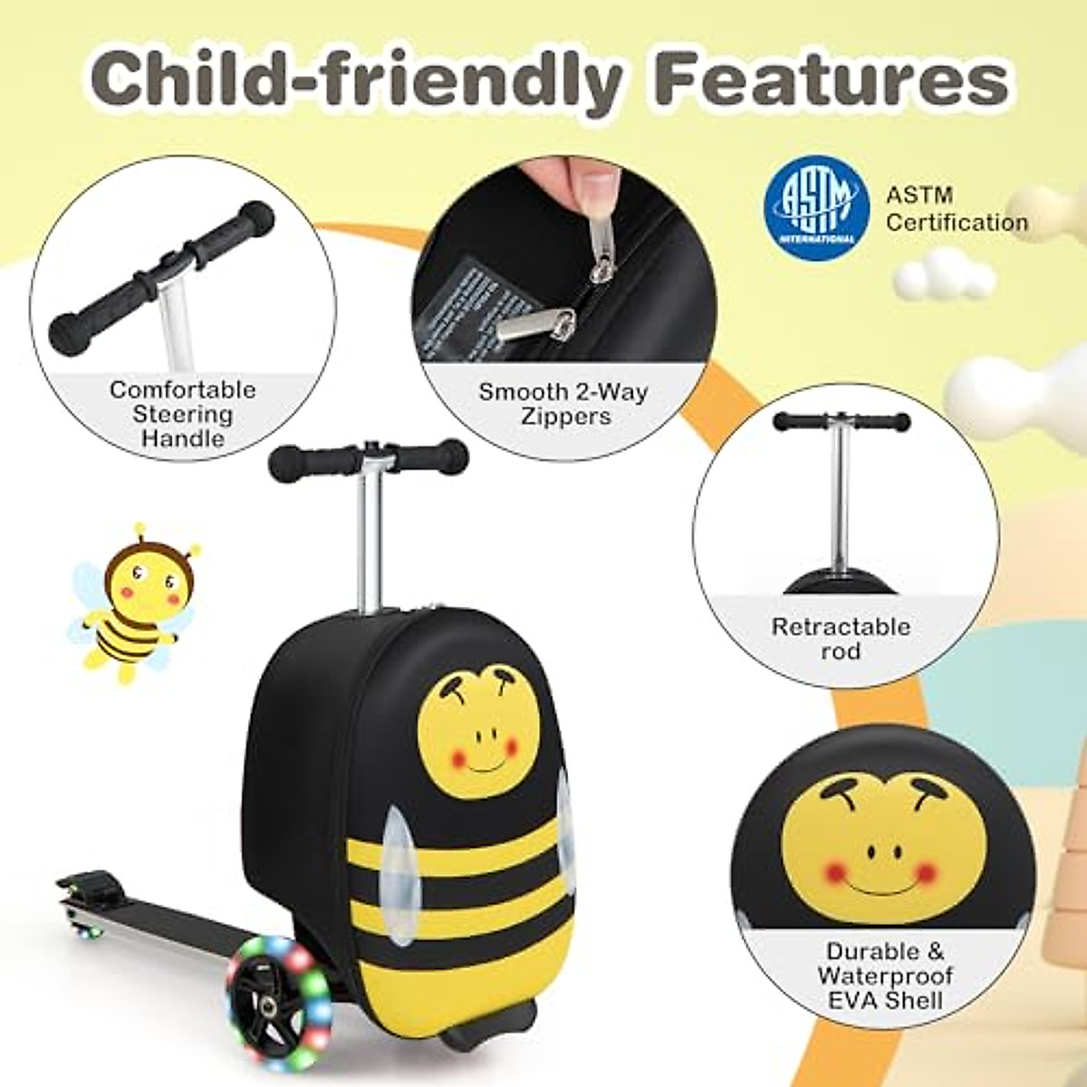 Goplus 2-in-1 Ride On Suitcase Scooter for Kids, Carry on Luggage with LED Flashing Wheels, Waterproof Shell, Retractable Steering Handle, Lightweight Folding Scooter for Boys Girls Travel (Bee)