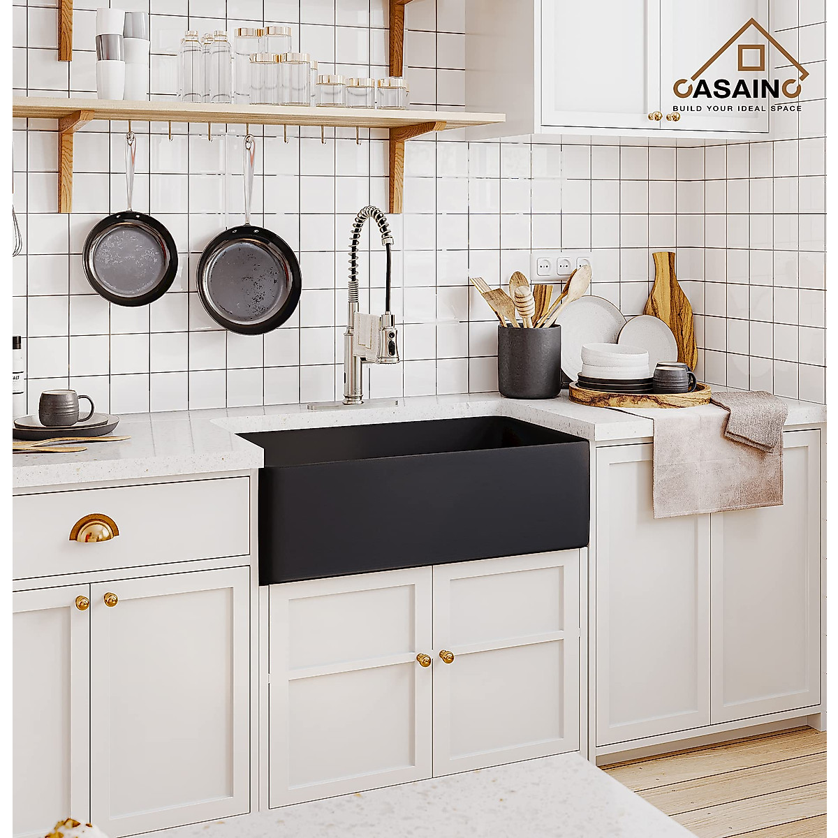 CASAINC 33-inch Kitchen Sink Black, Farmhouse Sink Fireclay Apron -Front Farmhouse Deep Single Bowl, Farmhouse Sink with Stainless Steel Bottom Grid and Kitchen Sink Drain