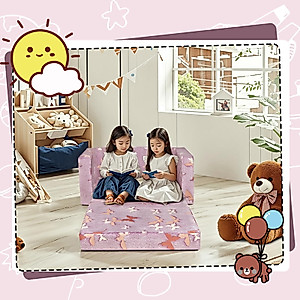 CREAWELLAY Comfy Toddler Couch Chair, Soft Chair for Kids 2 Seats, 2 in 1 Plush Fold Out Kid Sofa Chair, Convertible Sofa to Lounger Sleeper Chair for Girls and Boys, Glow Butterfly