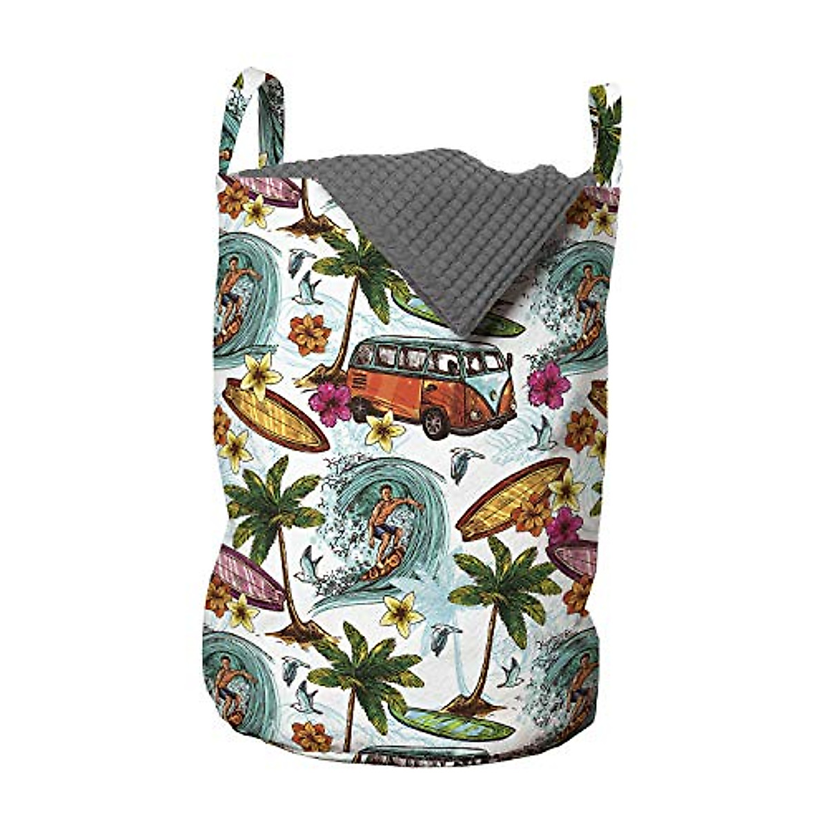 Ambesonne Ocean Organizer Fabric Hamber Basket Bag for Dorm & Laundry Room Organization Hawaiian Surfer Wavy Deep Sea Retro Palms Flowers Print Sturdy Handles Drawstring Closure 13" x 19" Multicolor