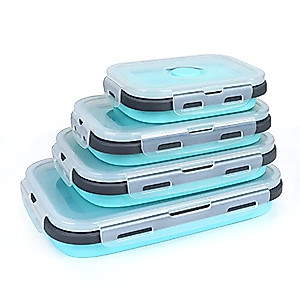 VIGIND Set of 4 Collapsible Foldable Silicone Food Storage Container, Leftover Meal Box With Airtight Plastic Lids For Kitchen, Bento Lunch Boxes-Microwave, Dishwasher and Freezer Safe