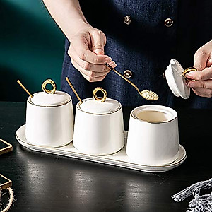 White Ceramic Sugar Bowls Condiment Pots Spice Jars Seasoning Box Set with Lid Spoon and Tray-Sets of 3