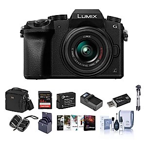 Panasonic LUMIX DMC-G7 Mirrorless Micro Four Thirds Camera with 14-42mm Lens, Black - Bundle with Camera Case, 64GB SDXC U3 Card, Spare Battery, Tripod, 46mm Filter Kit, Software Package, and More