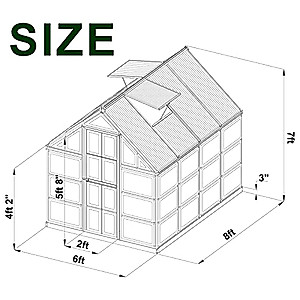 PAPAJET 6x8 FT Hybrid Polycarbonate Greenhouse 2 Vent Window with Lockable Hinged Door Walk-in Hobby Greenhouse, Aluminum Hot House for Outdoor Garden Backyard Silver
