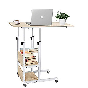 Retyion Movable Computer Desk with Wheels Height Adjustable C Shaped Laptop Table with Storage Shelves for Sofa Couch Home Office