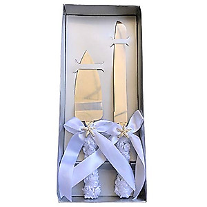 Abbie Home Wedding Cake Knife and Server Set - Flower Wrapped Handle with Silk Bow and Rhinestone Jewelry Décor (Starfish)