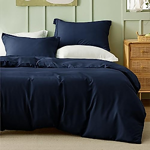 Bedsure Navy Duvet Cover Queen Size - Polyester & Rayon Derived from Bamboo Cooling Duvet Cover Set (90" x 90"), 3 Pieces with 2 Pillow Shams, Comforter Not Included